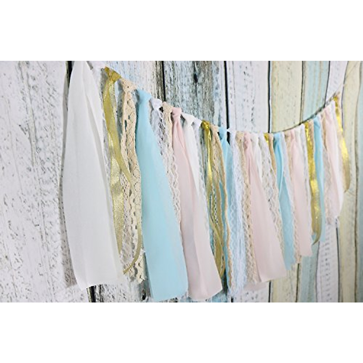 Fabric Tassel Garland Rag Tie Garland Shabby Chic Blush Banner for Wedding Decor Baby Shower Party Decor Home Decor Wall Hanging Boho Decor Birthday Banner (Pink+Gold+Blue)