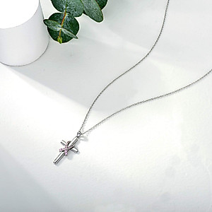 LEECCI 925 Sterling Silver Breast Cancer Awareness Necklace Cross Pendant Necklace Pink Ribbon Necklace Breast Cancer Survivor Gifts for Women