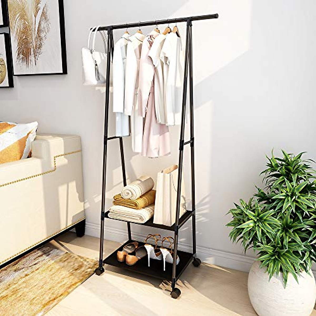 Clothes Rack Clothing Drying Rack, Rolling Garment Rack for Hanging Clothes, Small Industrial Metal Pipe Stand Coat Racks on Wheels with 2 Tier Shelves for Bedroom, Laundry, Entryway and Living Room