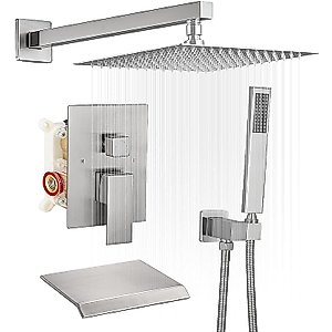 BWE 12 Inch Shower System Brushed Nickel Waterfall Faucet Tub Complete with Spout Set Square Luxury Rain Mixer Pressure Balancing 3-Function Wall Mount Rainfall Rough-in Valve Body and Trim Included