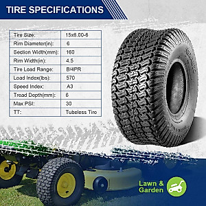 MaxAuto 2 Pcs 15x6.00-6 Front Lawn Mower Tire for Garden Tractor Riding Mover, 4PR