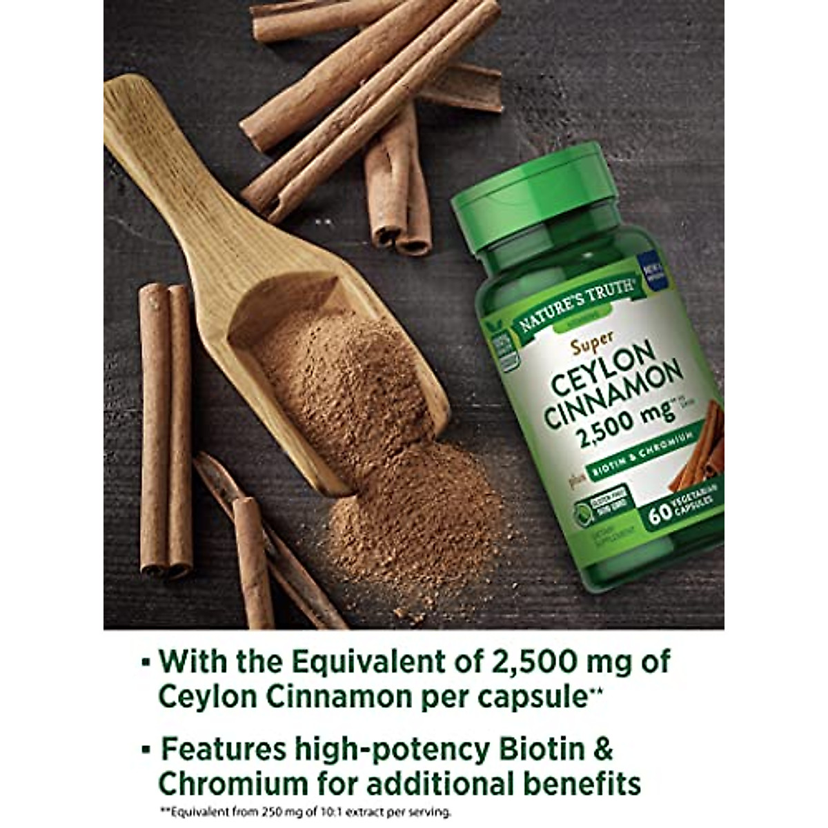 Ceylon Cinnamon Capsules | 2500mg | 60 Count | Vegetarian, Non-GMO & Gluten Free Supplement | Plus Chromium and Biotin | by Nature's Truth