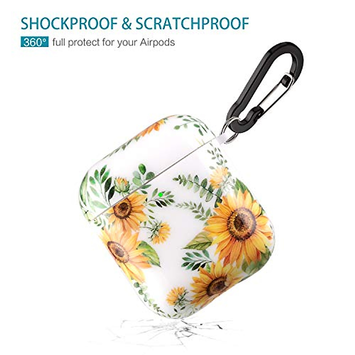 Sunflower Airpod Case, Shockproof Hard Case Cover with Keychain for Apple Airpod Case 2nd 1st Generation, Case for Airpod Boys Girls, Front LED Visible, Support to Wireless Charging