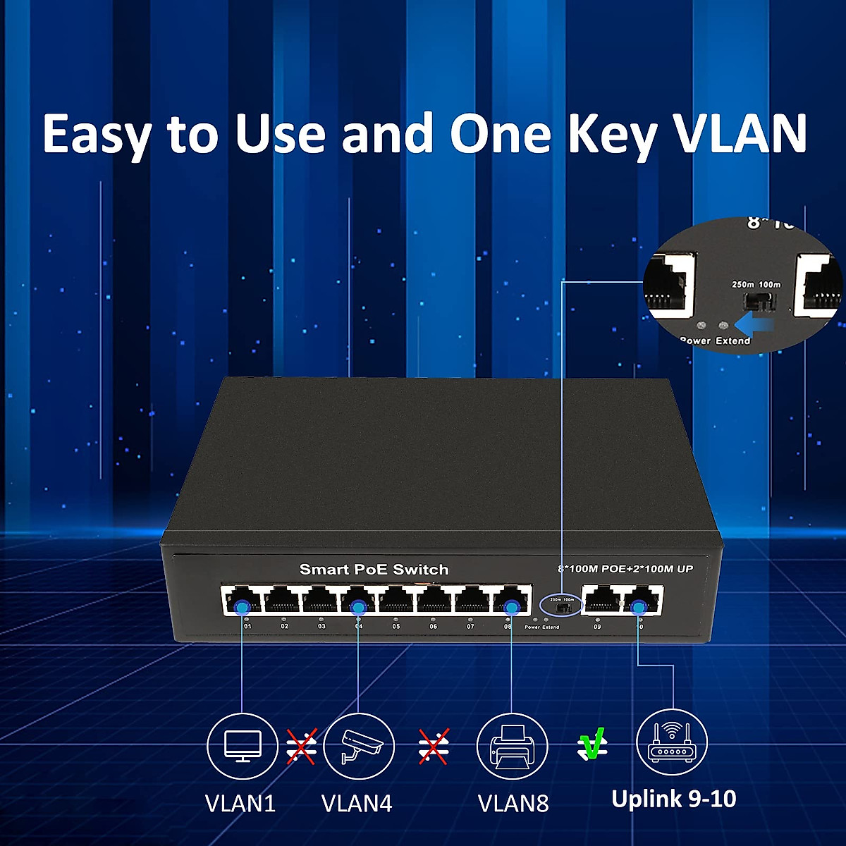 PoE Switch - Cimodun 8 Port PoE Switch with 2 Gigabit Uplink, 802.3af/at PoE+ Port 8 Ethernet Switch, 120W Built-in Power, Unmanaged Metal Plug and Play