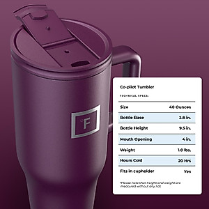 IRON FLASK Co-Pilot Insulated Mug w/Straw & Flip Cap Lids - Cup Holder Bottle for Hot, Cold Drink - Leak-Proof - Water, Coffee Portable Travel Mug - Burgundy, 40 Oz