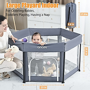 Baby Playpen Foldable Indoor & Outdoor, Onasti Play Yard with Children's Soft Mat, Compact Fence Packable Dome UV Protection, Suitable for Travel/Beach/Picnic Activity Center (Hexagon)