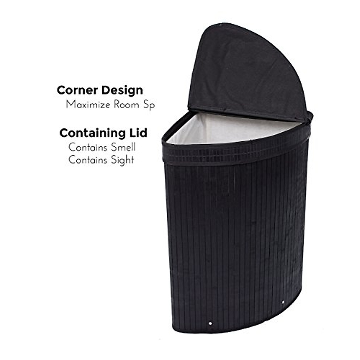 BirdRock Home Corner Laundry Hamper with Lid and Cloth Liner - Bamboo - Black - Easily Transport Laundry Basket - Collapsible Hamper - String Handles