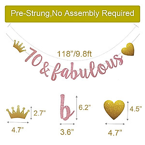 70 & fabulous Banner, Pre-Strung, No Assembly Required, Funny Rose Gold Paper Glitter Party Decorations for 70th Birthday Party Supplies, Letters Rose Gold,ABCpartyland