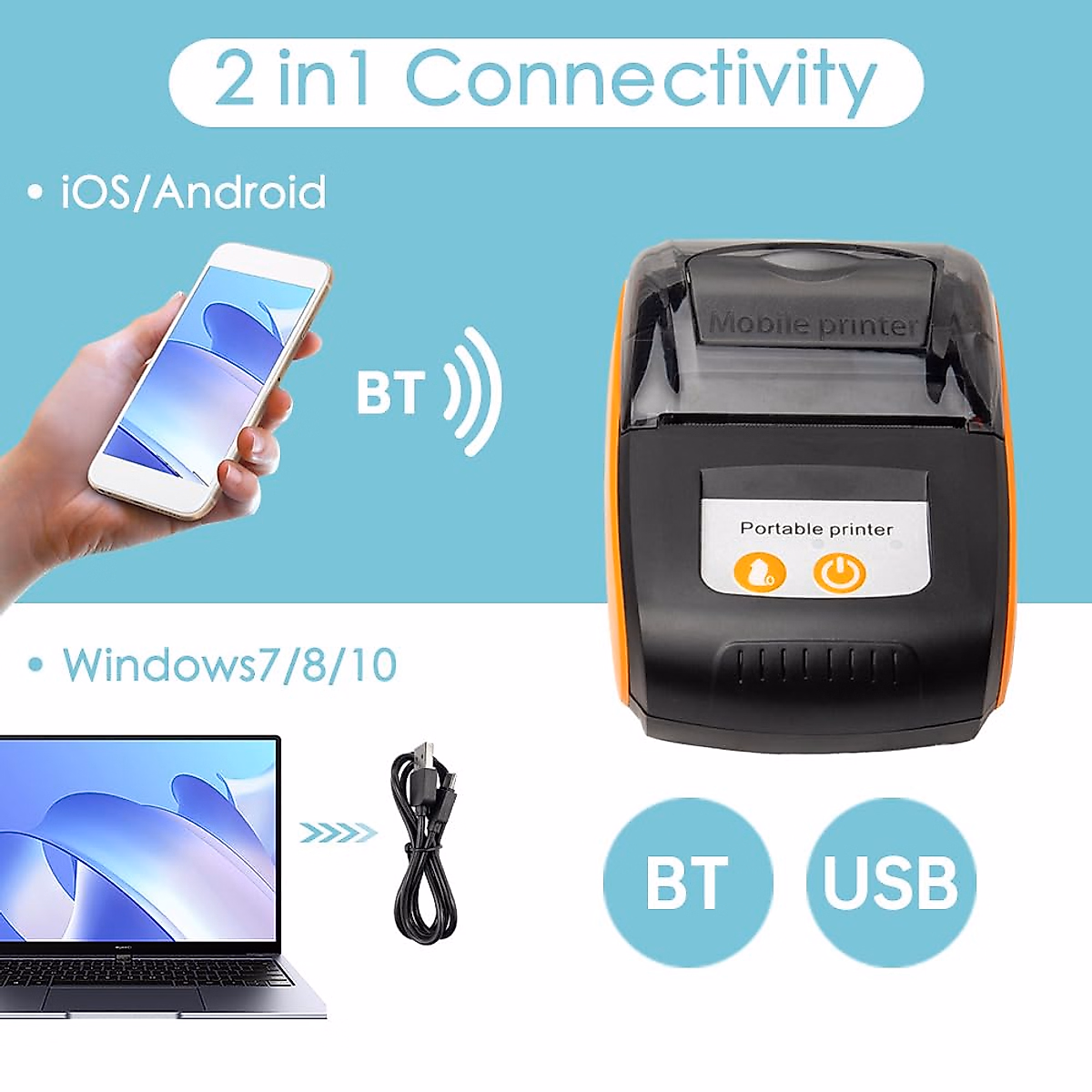 Portable Receipt Printer 58mm Mini Thermal Printing Wireless BT USB Mobile Printer with 2 Inch Thermal Paper Roll Compatible with Android/iOS/Windows System for Small Business Restaurant Retail Store