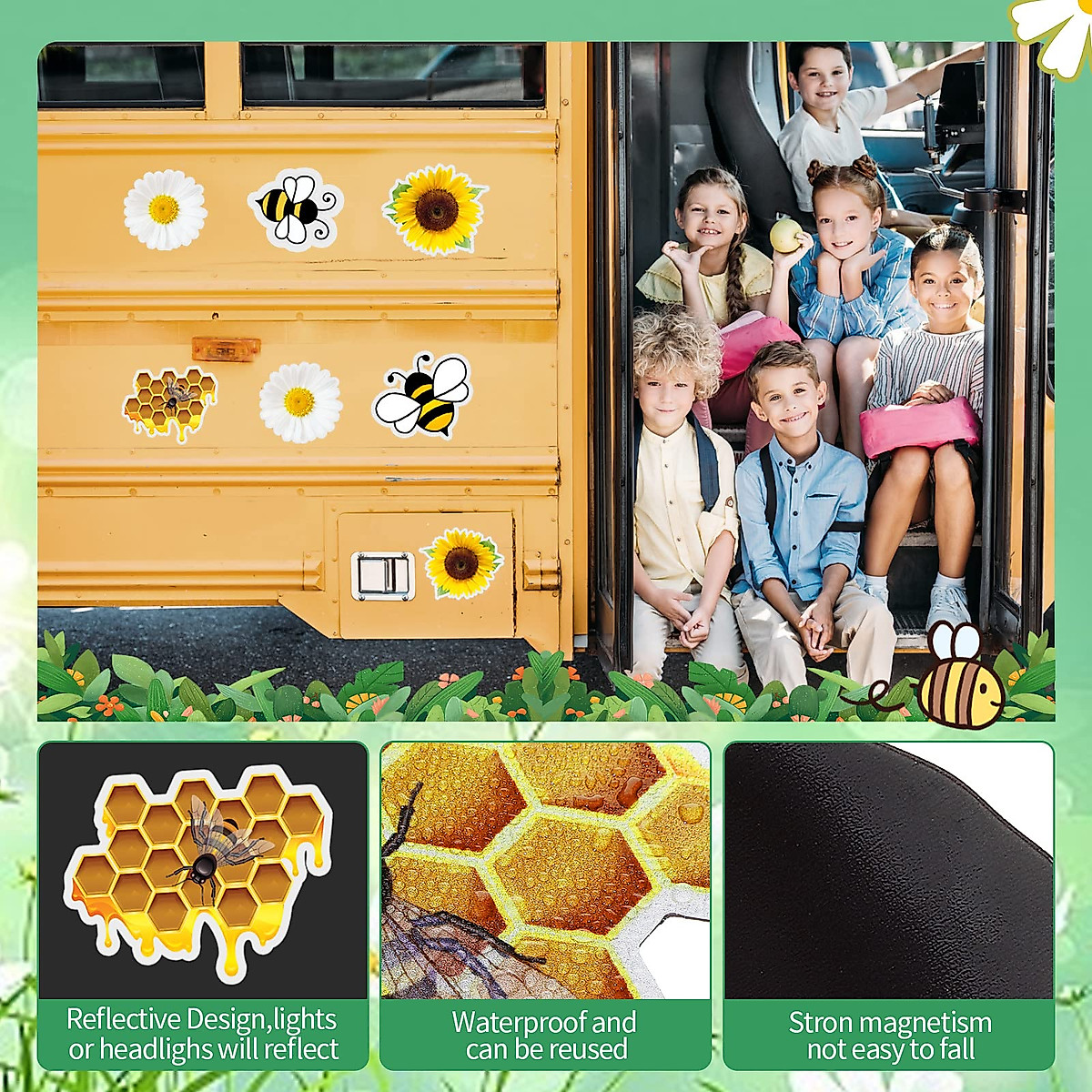 Hoteam 12 Pieces Car Magnets Sunflower Magnet Bee Honeycomb Daisy Flower Bee Magnets Cute Reflective Waterproof Honeybee Magnetic Stickers for Refrigerator Vehicles Whiteboard Locker Fridge Decor