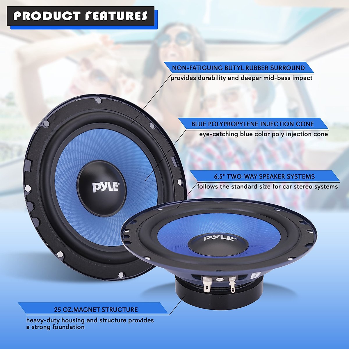 Pyle Two-Way Component Speaker System - One Pair 6.5" Two-Way Component Kit, Non-Fatiguing Butyl Rubber Surround, 360 Watts w/ 4 Ohm Impedance and 1" High-Temperature ASV Voice Coil - PL650CBL