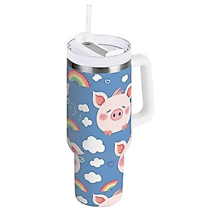 Wusikd Pig Face Tumbler Handle Lid and Straw Rainbow Clouds Water Bottle Stainless Steel Coffee Travel Tumbler Mug Cup Gifts for Men Women 30oz