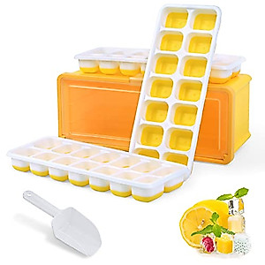 Korlon Silicone Ice Cube Tray with Lid and Bin, Ice Trays for Freezer with Lid Scoop Pull-out Design Easy to Release Ice Cube Trays for Whiskey Cocktails Cool Drinks, 42 Ice Cubes Total