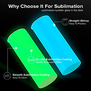 FASTSUB 12 Pack Sublimation Tumblers 20 oz Blank Bulk Luminous Cups Glow in the Dark Straight Double Wall Vacuum Insulated with Lids and Straws for Tumbler Heat Press Glow Green Glow Blue
