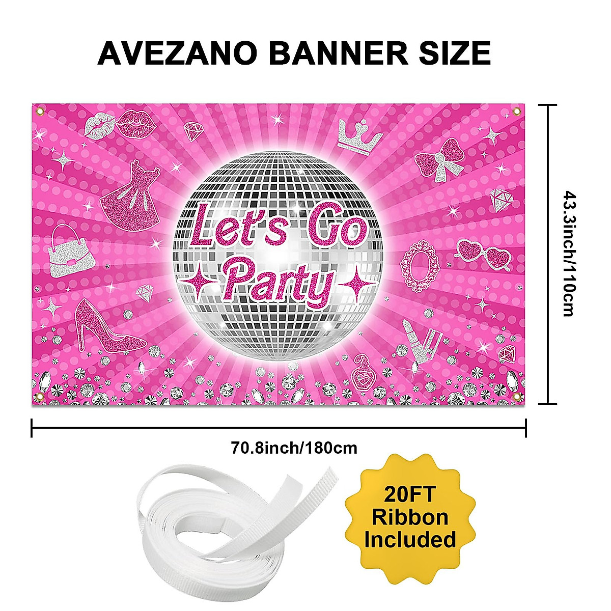 Avezano Let's Go Party Banner Princess Theme Birthday Backdrop Hot Pink Bridal Shower Bachelorette Background for Girls Women Disco Birthday Party Supplies Banner 70.8x43.3