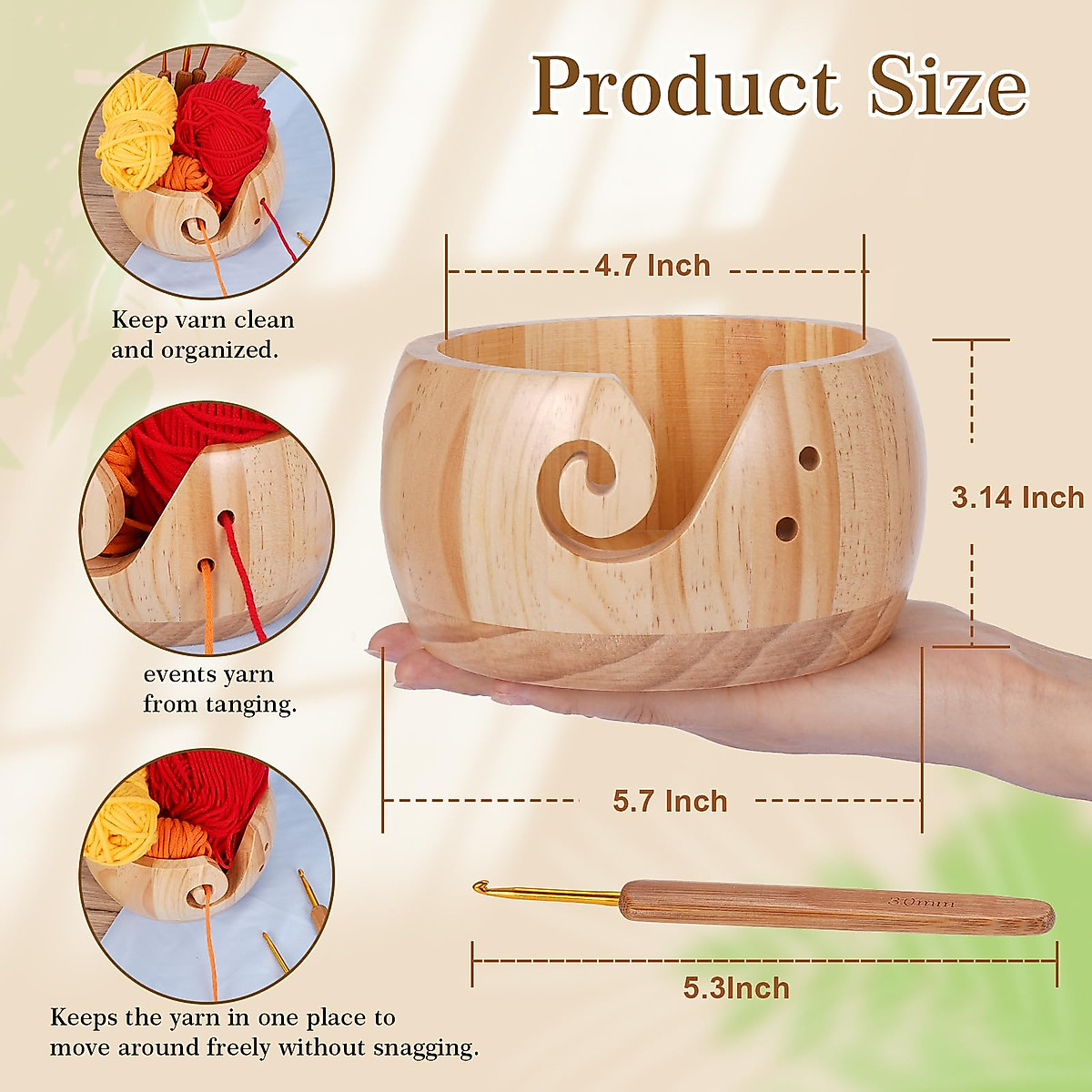 Wooden Yarn Bowl with 8Pcs Metal Crochet Hooks, Knitting Yarn Bowl with Holes Storage Handmade to Prevent Slipping, Perfect Yarn Holder Bowl for Crocheting and Knitting Mother's Day Gift 5" x 3"