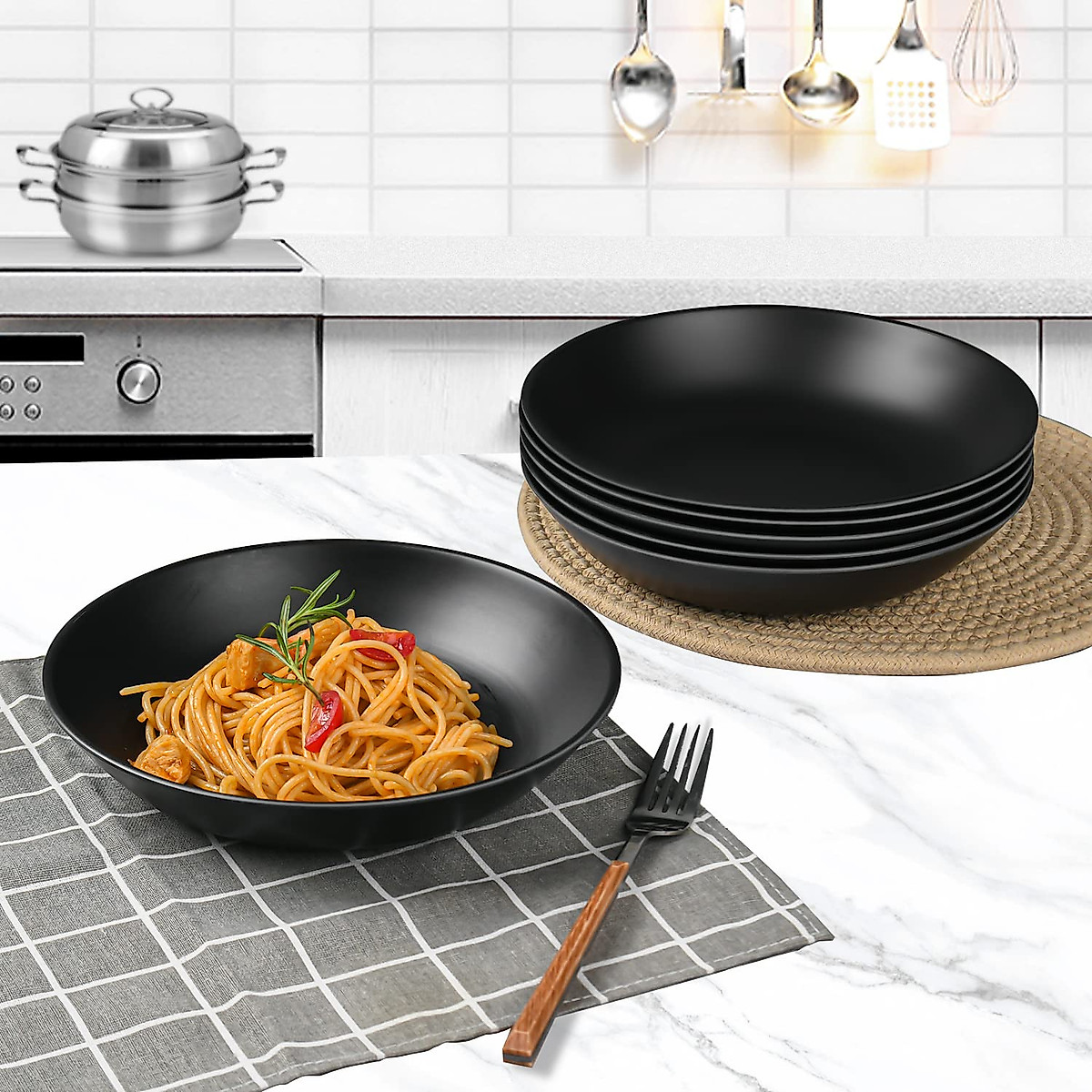 GEHE Pasta Bowls 34oz, 8.6" Large Salad Bowls, Bamboo Fiber Pasta Bowls Set of 6, Kitchen Serving Bowls for Pasta, Salad, Cereal, Noodles, Dessert, Soup and Dishwasher Safe, House-warming Gift