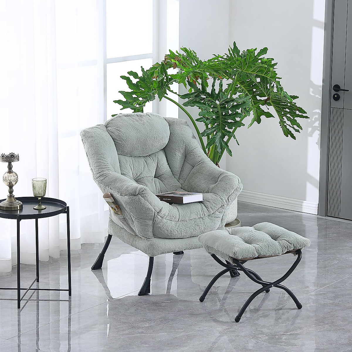 Tiita Lazy Chair with Ottoman, Modern Large Accent Lounge Chair, Leisure Sofa Armchair with Ottoman, Reading Chair with Footrest for Bedroom, Living Room, Dorm Rooms, Garden and Courtyard