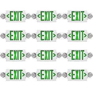 Green LED Exit Sign Emergency Lights with 2 Adjustable Head Lights, Green Letter Emergency Exit Light With Battery backup For Restaurant, Commercial, Family Emergency, UL-Listed 120-277V