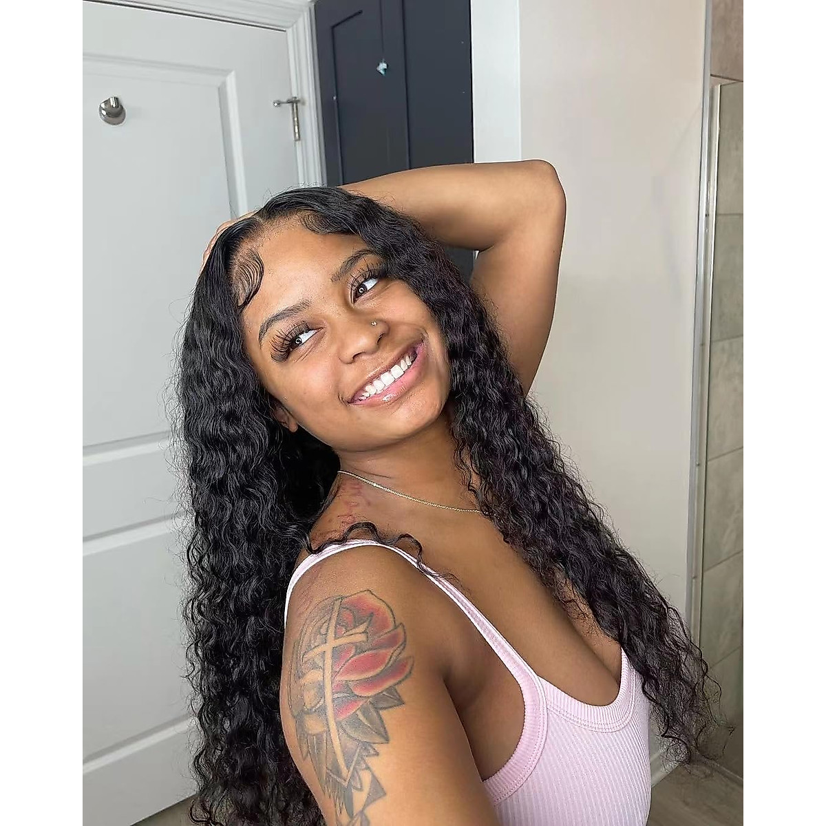 Josblue 4x4 Deep Wave Lace Closure Wigs Human Hair for Black Women Curly Human Hair Wigs Glueless Wigs Human Hair Pre Plucked Deep Wave Peruvian Virgin Wet and Wavy Human Hair Wigs 150% Density