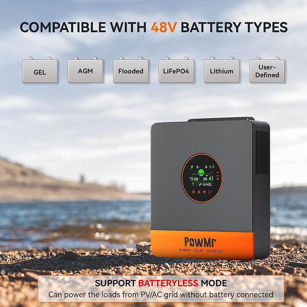 PowMr 5000W Hybrid Solar Inverter 48V DC to 110V/120V/208V/240V AC, Single &Split &Three Phase Pure Sine Wave Inverter with 100A MPPT Controller, Support Parallel, for 48V LiFePO4/Li/GEL/AGM Battery