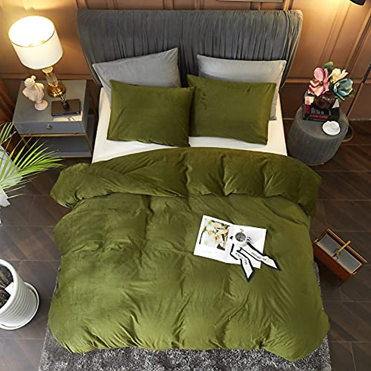 Ivellow Velvet Duvet Cover Queen Set Sage Green Velvet Duvet Cover Queen Velvet Comforter Cover 3Pcs Ultra Soft Duvet Cover Breathable Solid Luxury Flannel Velour Duvet Cover Zipper Closure Corner Tie