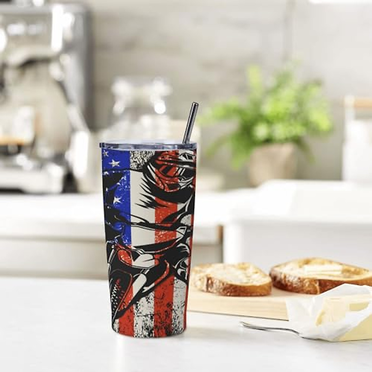 VKKOEWL Vintage American Motorcycle Flag Dirt Bike Rider Motocross Stainless Steel Insulated Tumbler 20 Oz Travel Water Bottle Coffee Mug Drink Cup With Lid Straw