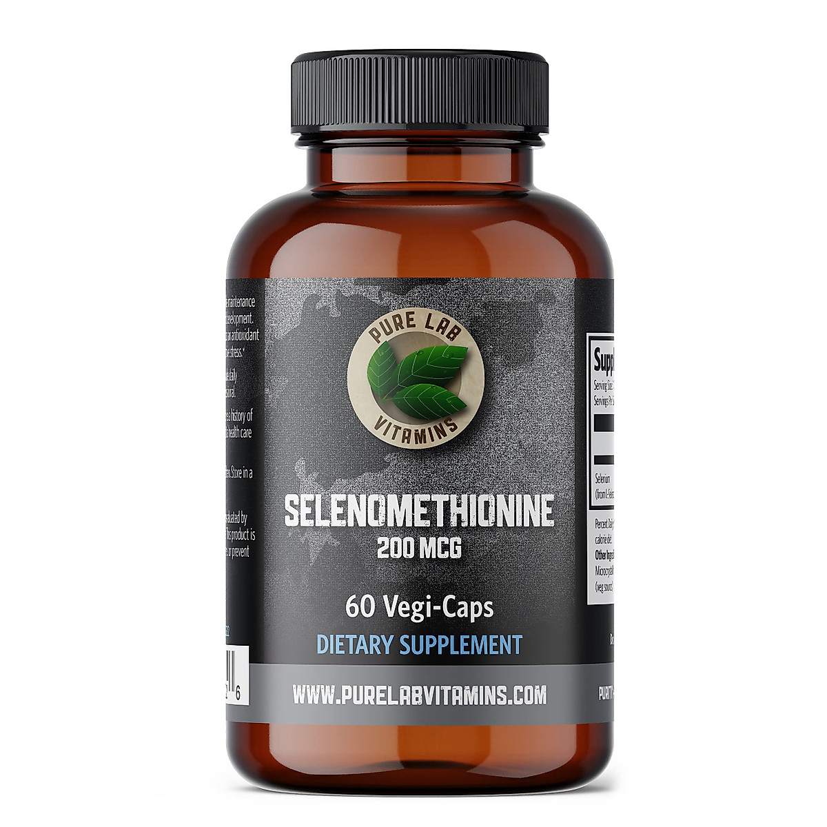 Selenium 200mcg Supplement - Selenomethionine - 60 v-caps by Pure Lab Vitamins - Gluten Free Made in Canada.