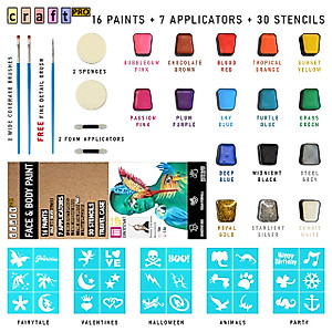 Craft Pro - Kids Face Paint Kit - Vegan + Cruelty Free (Non-Toxic). Includes Guidebook, Applicators, Stencils. Easy ON Easy Off (Water Activated Body Paint)