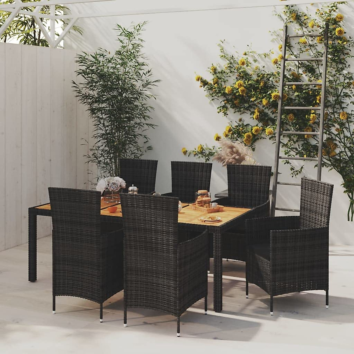 vidaXL Patio Dining Set 7 Piece with Cushions Garden Outdoor Terrace Balcony Dinner Table and Chair Seat Seating Furniture Poly Rattan Black