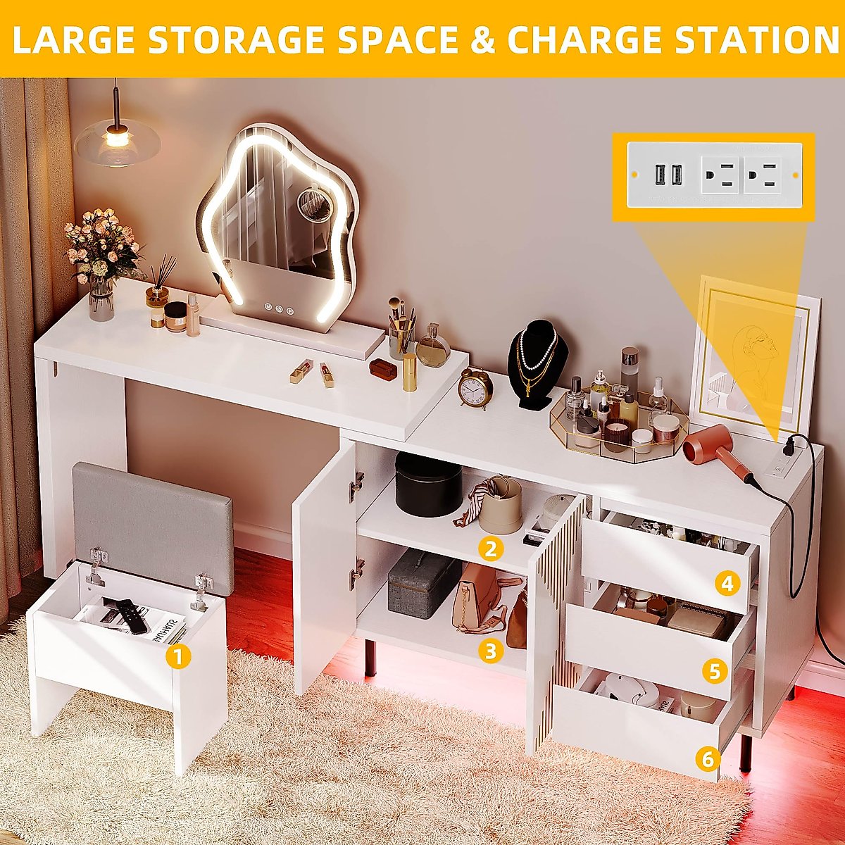 DWVO 360° Rotatable Computer Desk with Power Outlets & LED Lights, Corner Computer Desk with Drawers, Home Office Desk with Fluted Panel Doors, Extensible from 47.2" to 91.2"