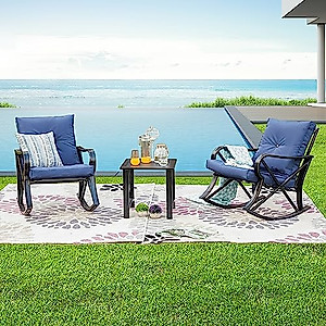 LOKATSE HOME 3-Piece Outdoor Patio Rocking Steel Furniture Bistro Set with 2 Rocker and 1 Metal Square Coffee Table(Blue Thickened Cushion)