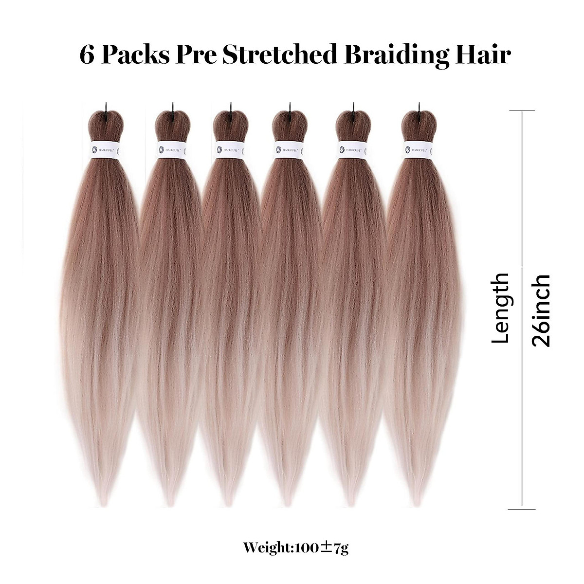 Pre-Stretched Braiding Hair Extensions 26 Inch 6 packs Ombre Braiding Hair Hot Water Setting Professional Soft Yaki Synthetic Crochet Braids（Ombre Brown）
