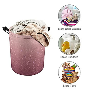 Rose Gold Glitter Laundry Basket Pink Bling Printed Laundry Hamper Collapsible Round Girls Dirty Clothes Hamper Toys Storage Basket with Drawstring for Kids Bedrooms Nursery