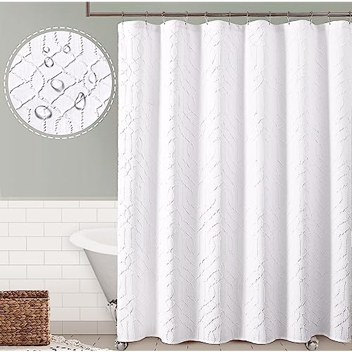 OWENIE White Shower Curtain for Bathroom, 3D Embossed Geometric Polyester White Water-Proof Fabric Shower Curtains, Modern Luxury Elegant Innovative Design Hotel Style, 72 x 72 Inch