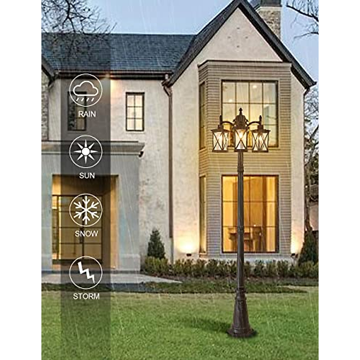 CMRCOZIRA Modern Outdoor Street Light 82.7" H, Dusk to Dawn 3-Head Post Lights, Outdoor Lamp Post with Outlet, Waterproof Outdoor Lamp Post Lights, Street Lantern 3 Light in Black for Exterior Yard