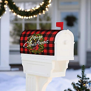 Merry Christmas Mailbox Cover Magnetic Winter Xmas Wreath Red Buffalo Plaid Mailbox Cover Garden Yard Home Decor Outdoor Yard Farmhouse Home Mailbox Cover Magnetic Standard 21" L x 18" W