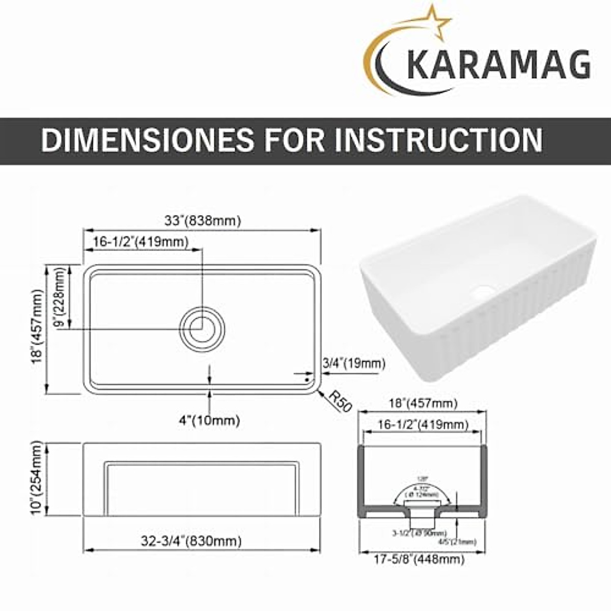 KARAMAG 33 Inch Workstation Farmhouse Kitchen Sink with Accessories, Reversible Apron-Front Single Bowl Kitchen Sink Ceramic White Farm Sinks Undermount For Kitchens