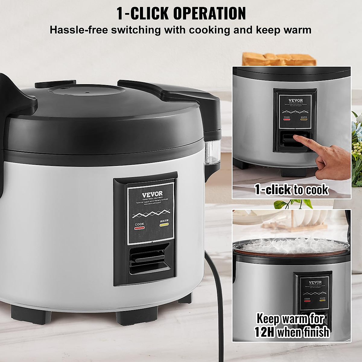 VEVOR Commercial Rice Cooker, 70-Cup Rice Cooker, 15.85 Qt / 15 Liter Large Rice Cooker and Warmer with Nonstick Inner Pot, Fast Cooking and 12-Hour Keep Warm, with Rice Cup and Paddle, for Restaurant