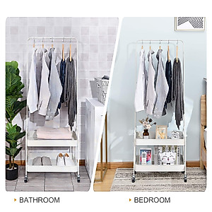 KINGRACK 2-in 1 Garment Rack, Clothing Rack with 2 Tier Metal Basket, Rolling Storage Cart Clothes Organizer Coat Rack Storage Stand on Wheels for Home Bedroom Laundry Small Place Entryway, White