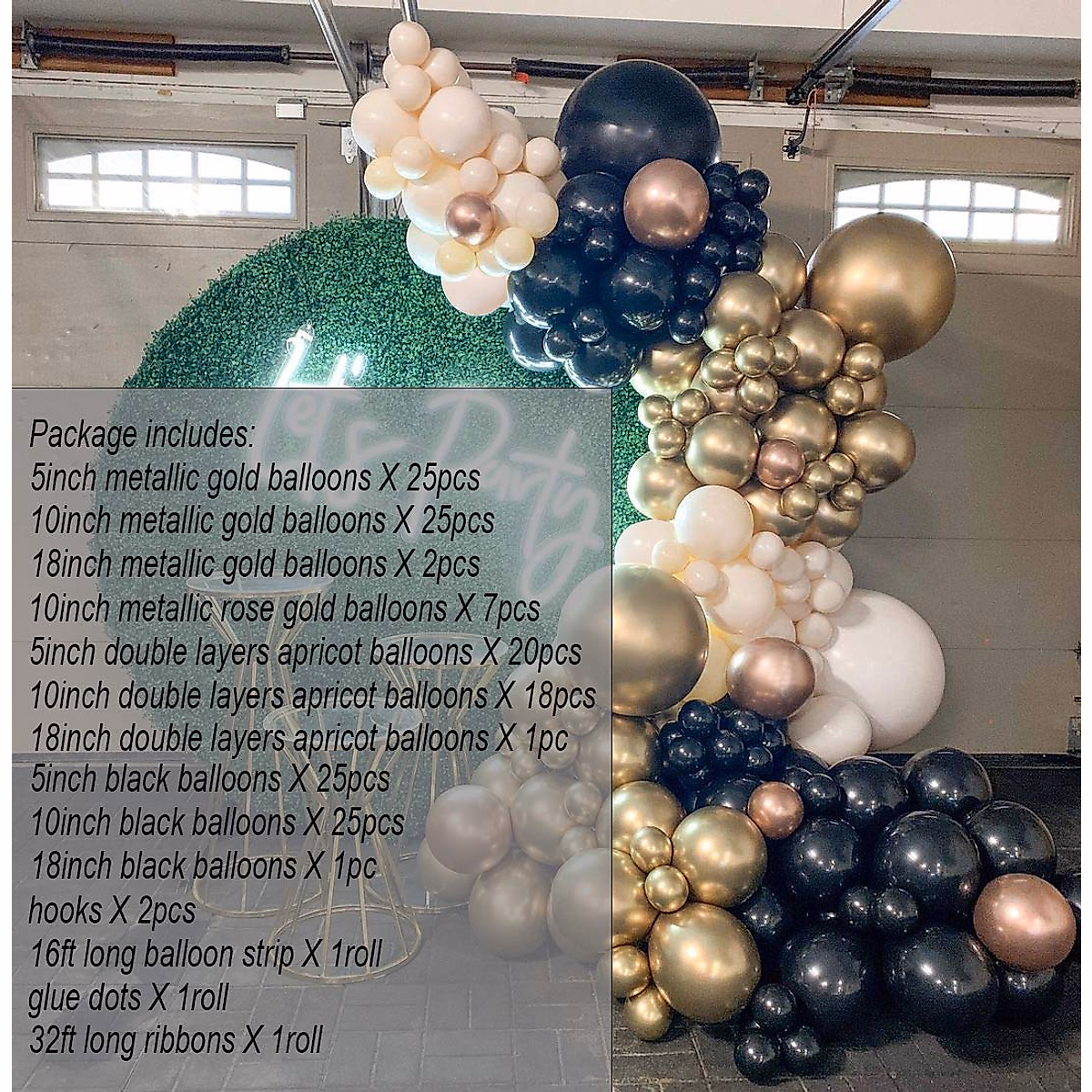 Metallic Gold Black Cream Peach Balloon Garland Arch Kit-Balck Chrome Gold Double stuffed Cream Peach Balloons for Baby Shower, Birthday Party, Bridal Shower, Graduation, Celebrations