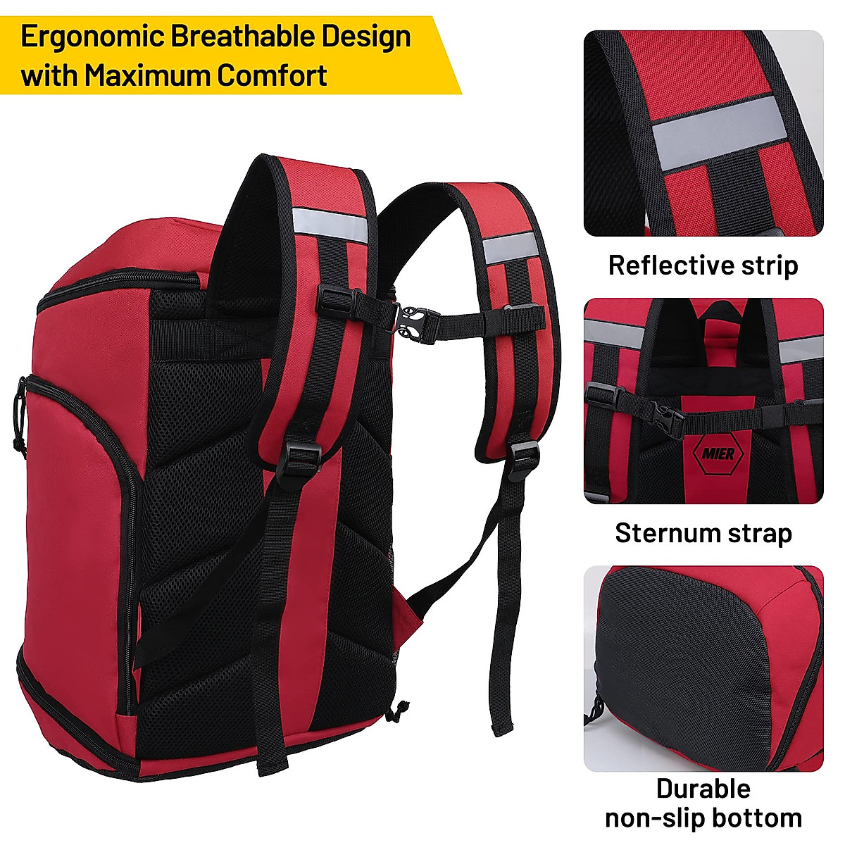 MIER Basketball Backpack Soccer Bag with Shoes/Ball Compartment, Large Sports Back Pack Equipment Bag for Men Women Athletes, 35L, Red