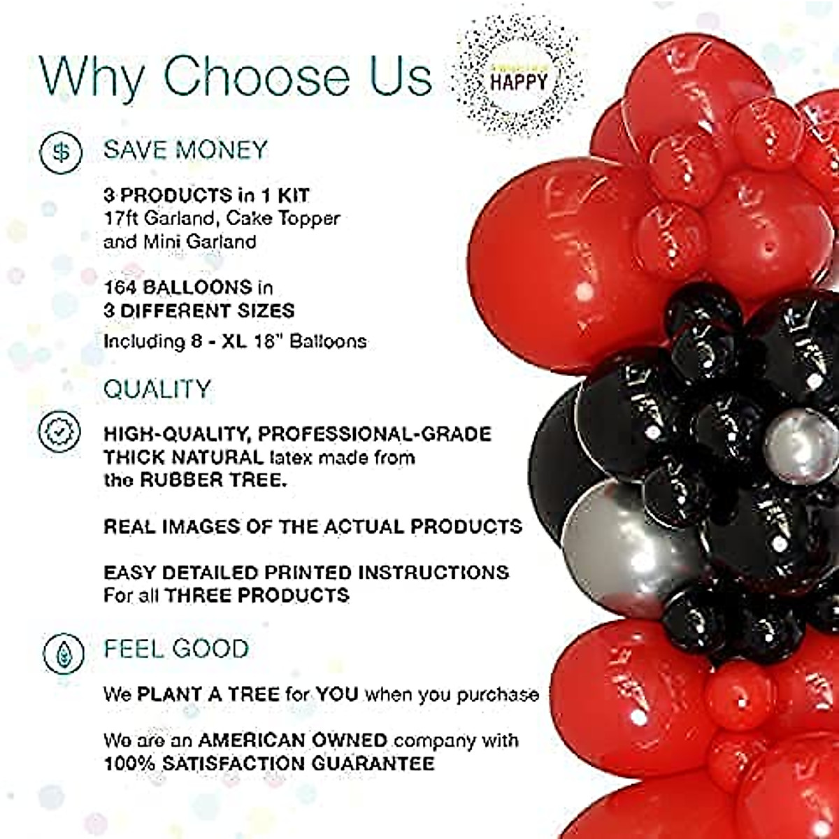 HAPPY - Red Black Silver Balloon Garland Arch Kit - 164 Professional Quality Latex Balloons in 4 Sizes for 30% Fuller 16ft Garland Arch - Graduation, 1st Birthday, Casino, Cars, Lady Bug, Too Fast…