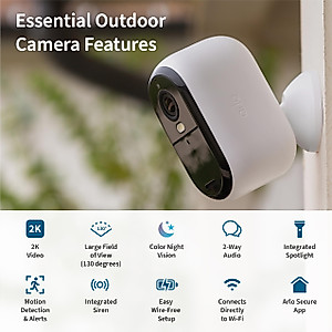 Arlo Essential Security Camera 2K | Indoor - Outdoor | 2nd Gen | Wireless with Spotlight, 2-Way Audio, Color Night Vision, Live Stream, Motion Activation, Real Time Notifications - White, 2 Camera