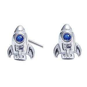 Cute Rocket Stud Earrings for Women Teen Girls 925 Sterling Silver Blue Cubic Zirconia Tiny Small Spaceship Earring Cartilage Tragus Post Pin Studs Hypoallergenic Earring Unique Birthday Gift for Daughter Niece
