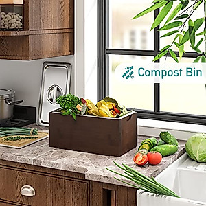 Compost Bin Kitchen, 1.6 Gal-Kitchen Compost Bin Countertop, Rust Proof Stainless Steel Insert, Countertop Compost Bin with Lid, and Bamboo Wood Box- Large Compost Bin Kitchen