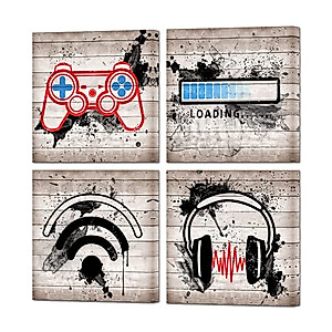 YeiLnm Video Game Wall Art Decor 4 Piece Canvas Print Game Room Decor Gaming Picture Painting Teens Gift Vintage Artwork Home Boys Bedroom Dorm College Playrooom Decoration Framed Ready to Hang