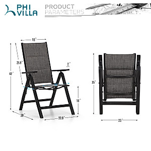 PHI VILLA Patio Dining Chairs Set of 2, Portable Outdoor Dining Chairs Padded Folding Patio Chairs Aluminum with Adjustable High Backrest for Terrace, Porch, Poolside, Yard