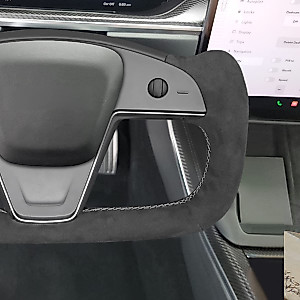 MEWANT Hand Stitch Dark Gray 9002 Alcantara Steering Wheel Cover Wrap for Tesla Model S Yoke 2021-2023 Model X 2021-2023