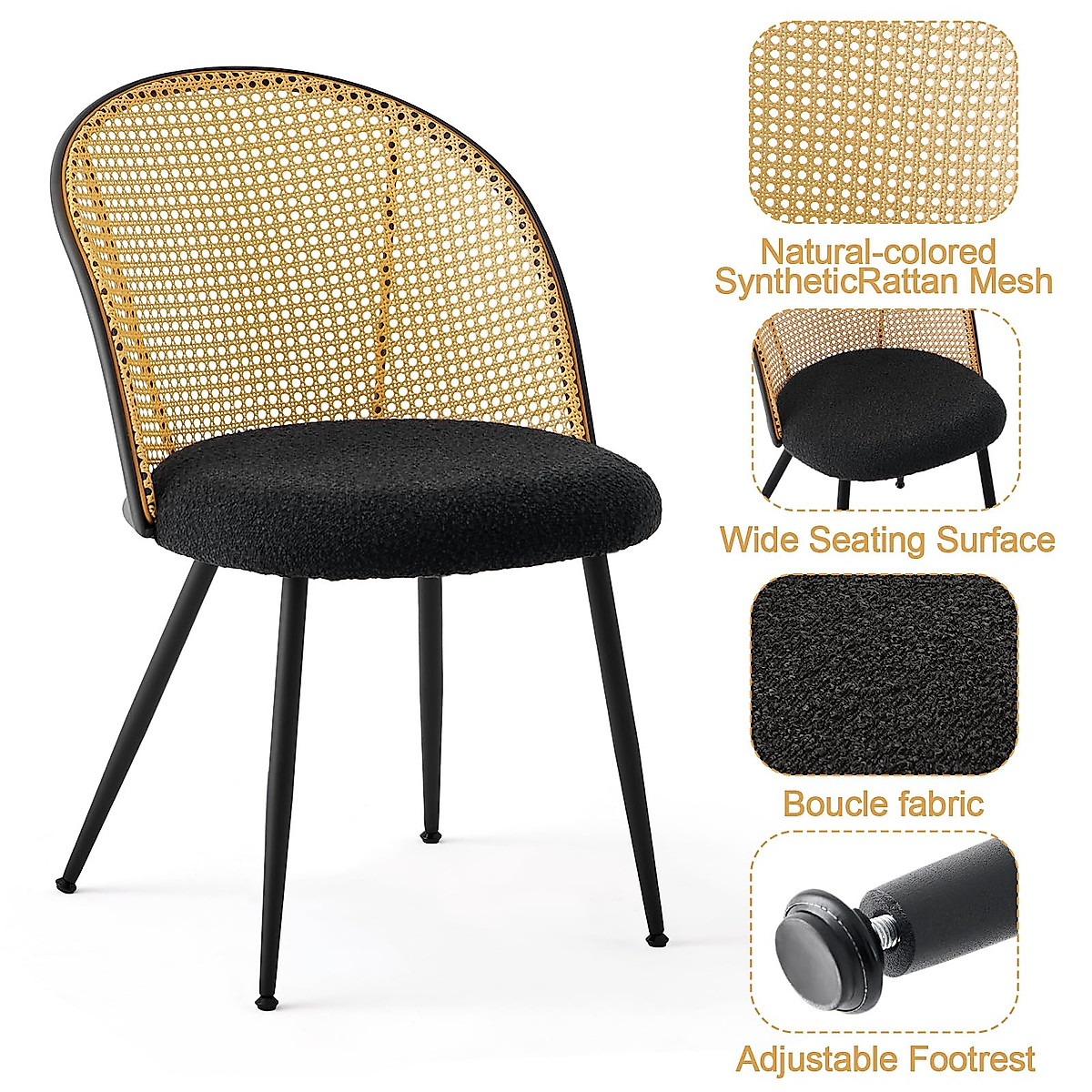 Dining Chairs Set of 4, Mid Century Modern Dining Room Chairs with Full Rattan Back, Boucle Fabric Upholstered Kitchen Dining Chairs Farmhouse Armless Mesh Cane Back Side Chairs with Metal Legs, Black